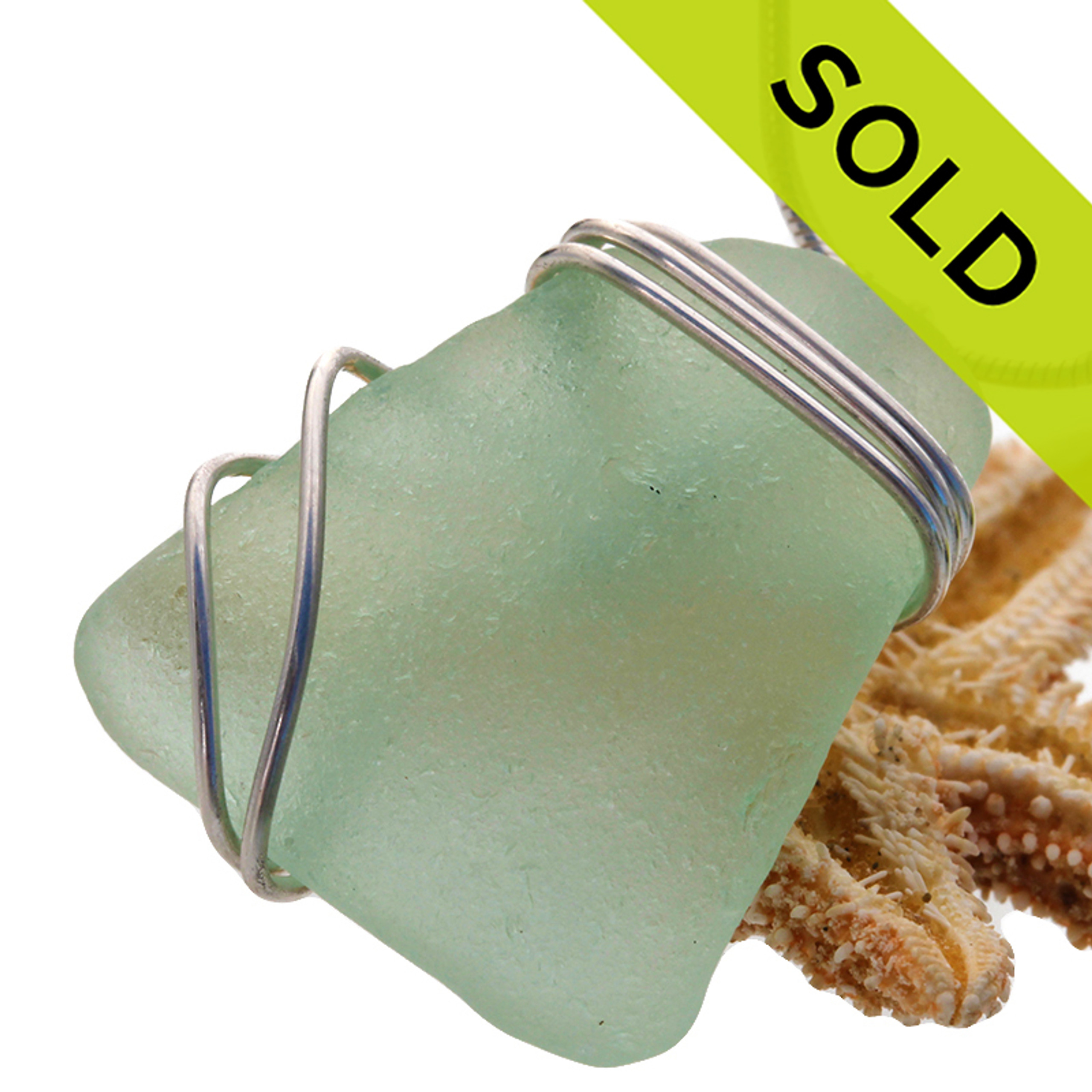 Long Large Seafoam Green Sea Glass In Triple Setting Pendant For
