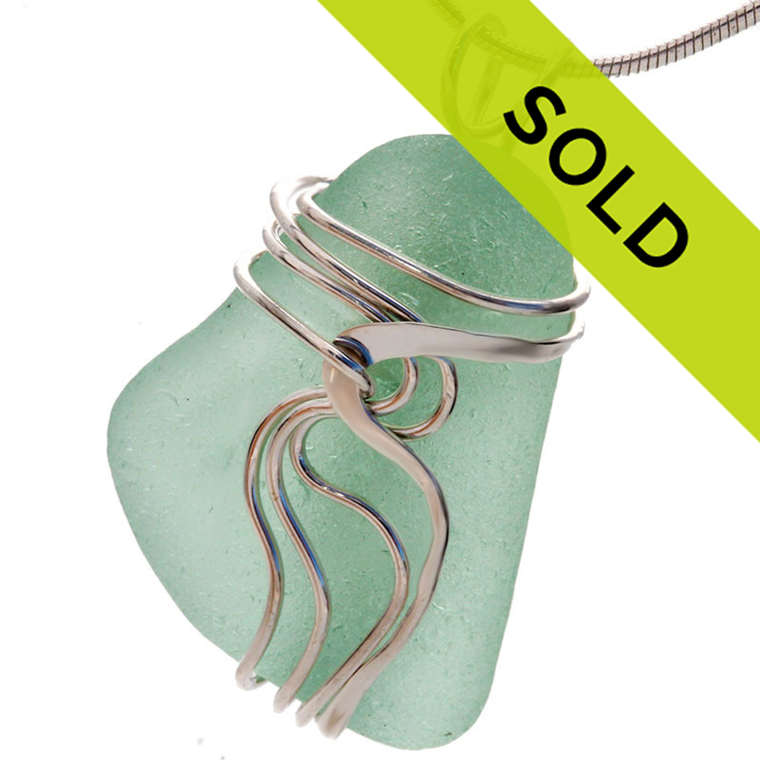 Large Pale Aqua Sea Green Genuine Sea Glass In Sterling Waves© Setting