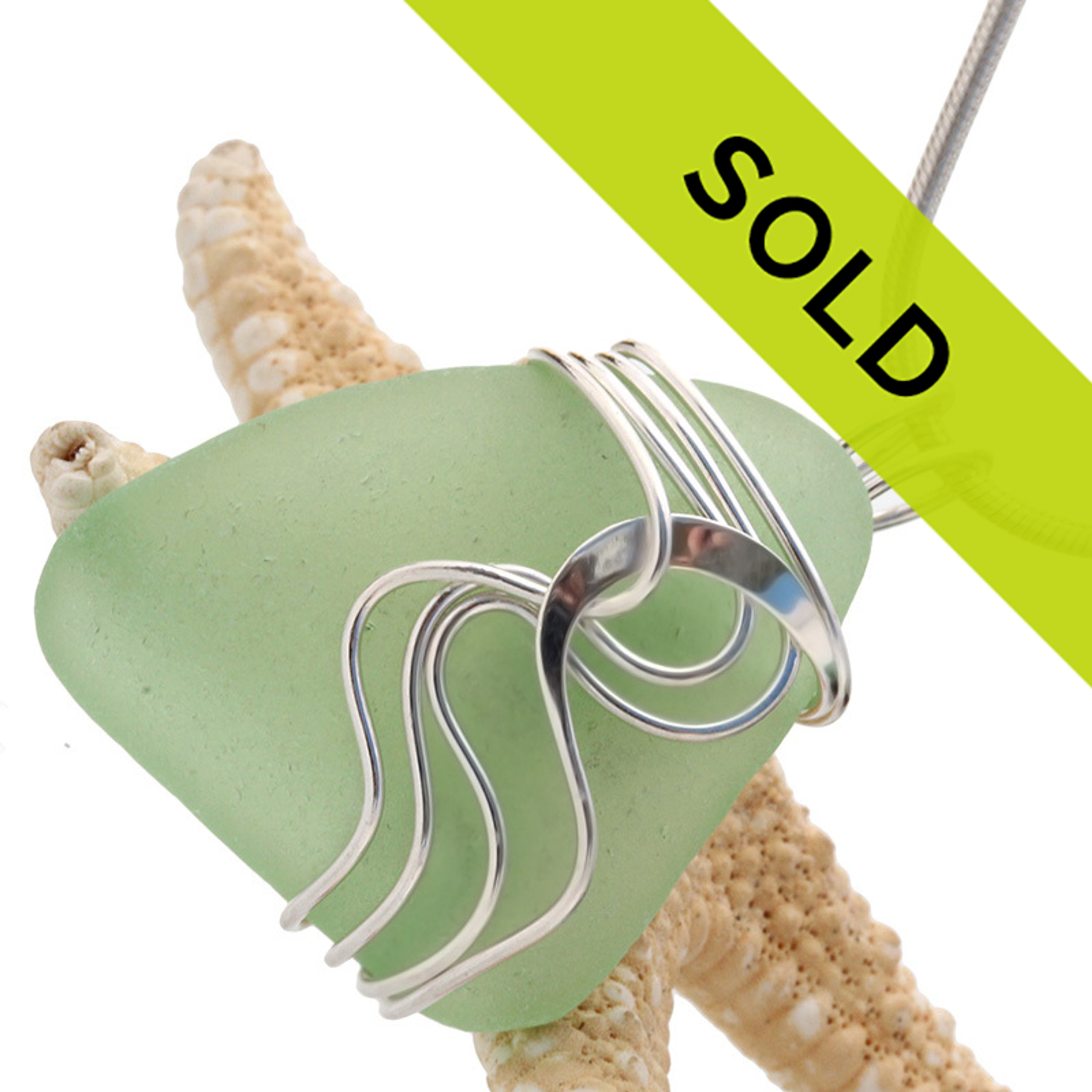 Yellowy Sea Green Sea Glass Sterling Waves© Setting Necklace Pendant In