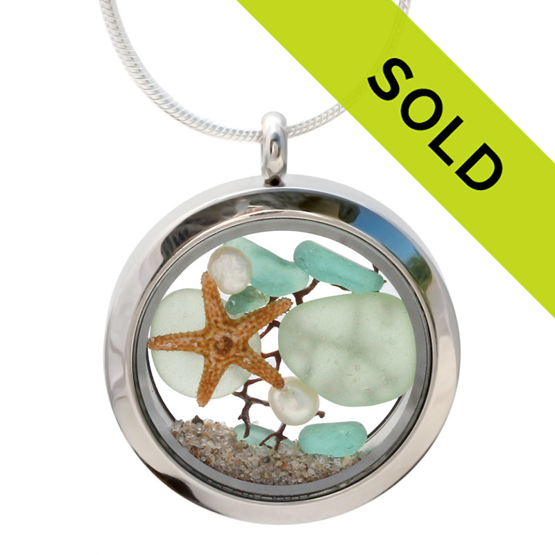 Tropical Delight - Genuine Sea Glass Locket With Seafan & Pearls (LOCK2054)