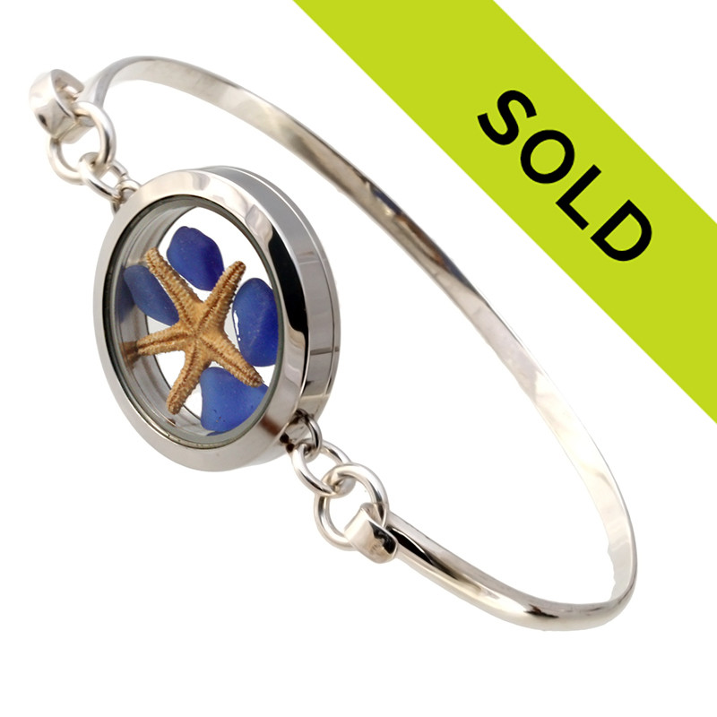 Seaside - Blue & Green Sea Glass Beach Bangle Locket Bracelet With ...