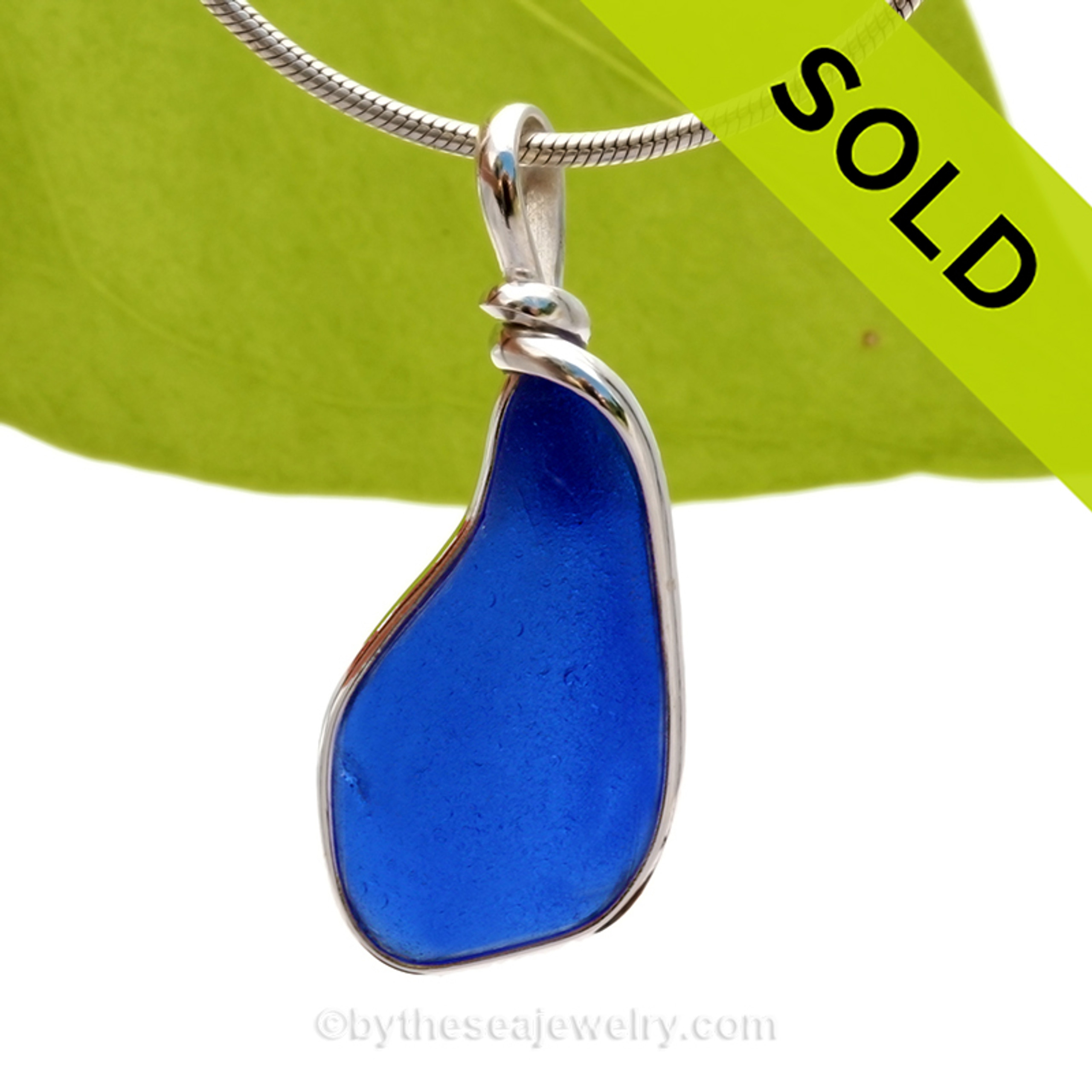 Vivid Blue Genuine Sea Glass Pendant In Ss Original Wire Bezel