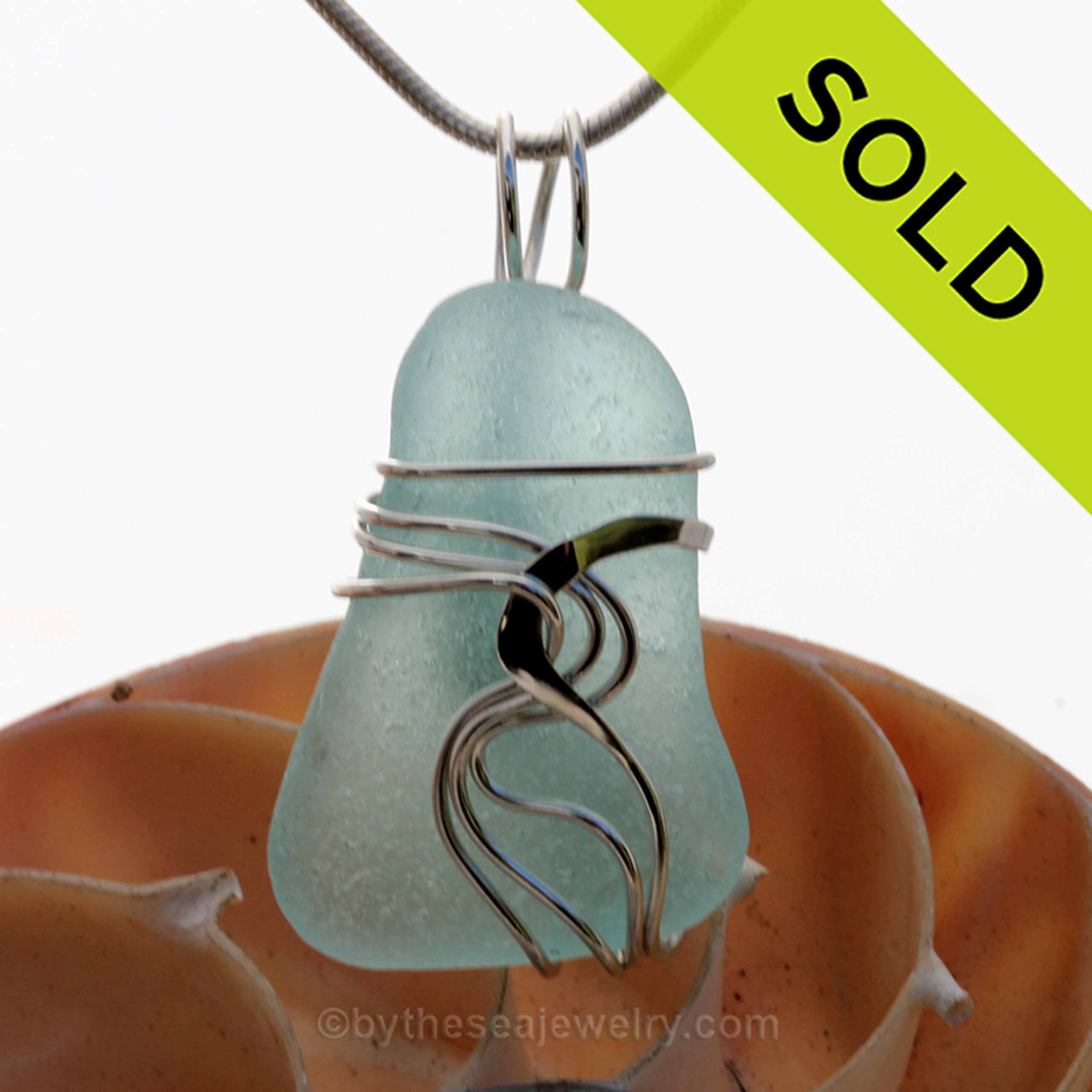 Large Pale Aqua Sea Green Genuine Sea Glass In Sterling Waves© Setting