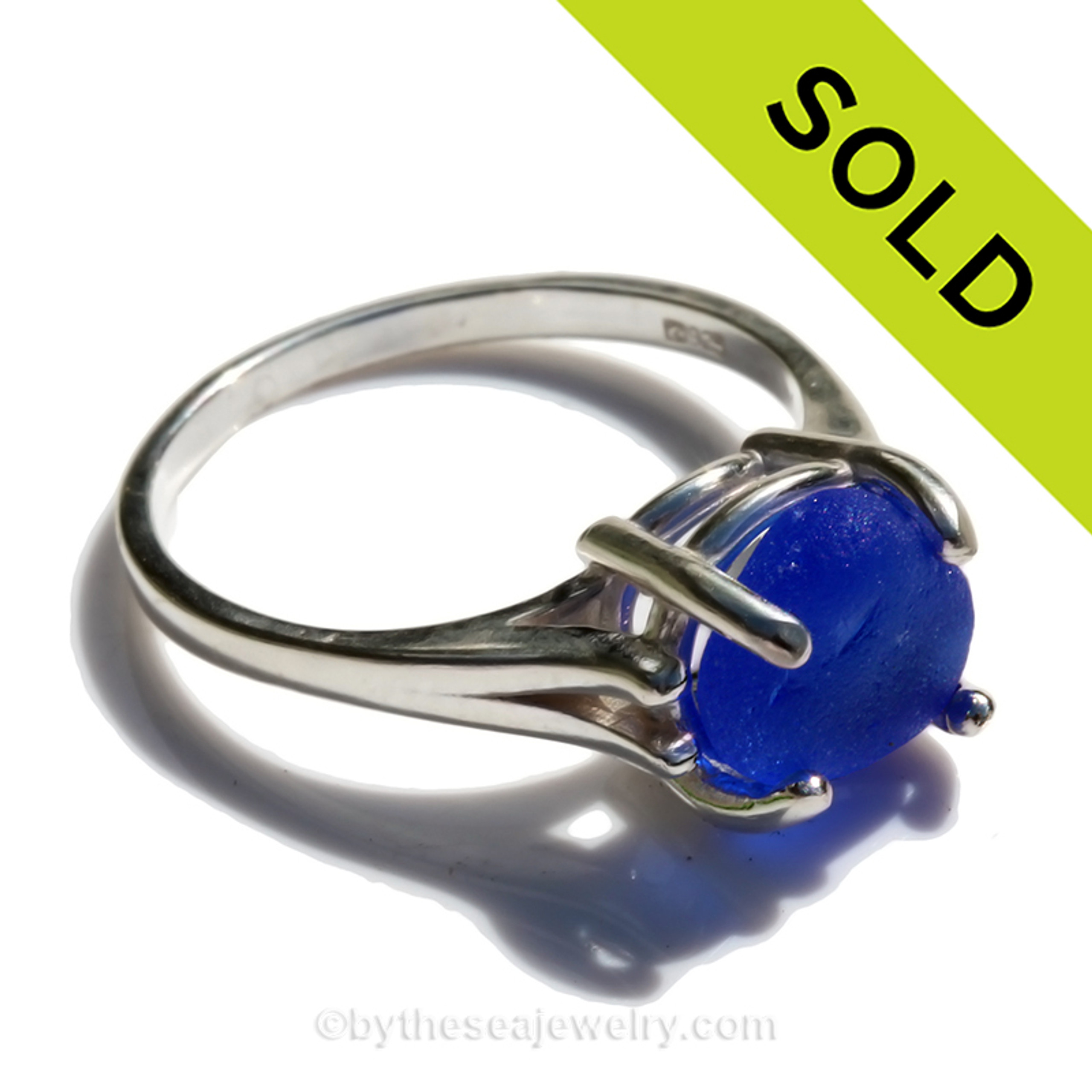 Ridged Cobalt Blue Sea Glass In Sterling Silver Basket Ring Size 675