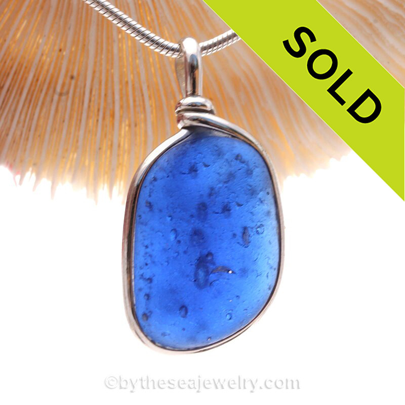 Large Cobalt Sea Glass Necklace Pendant In Sterling Original Wire Bezel ...