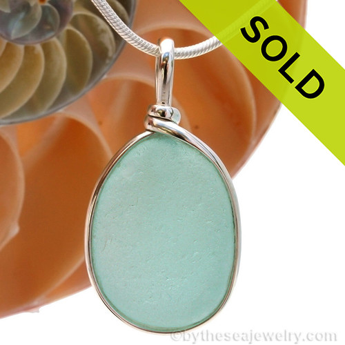 P E R F E C T And Thick Tropical Aqua Blue Genuine Sea Glass Pendant In