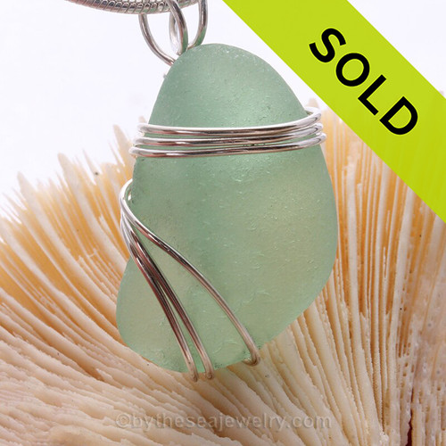 Long Large Seafoam Green Sea Glass In Triple Setting Pendant For