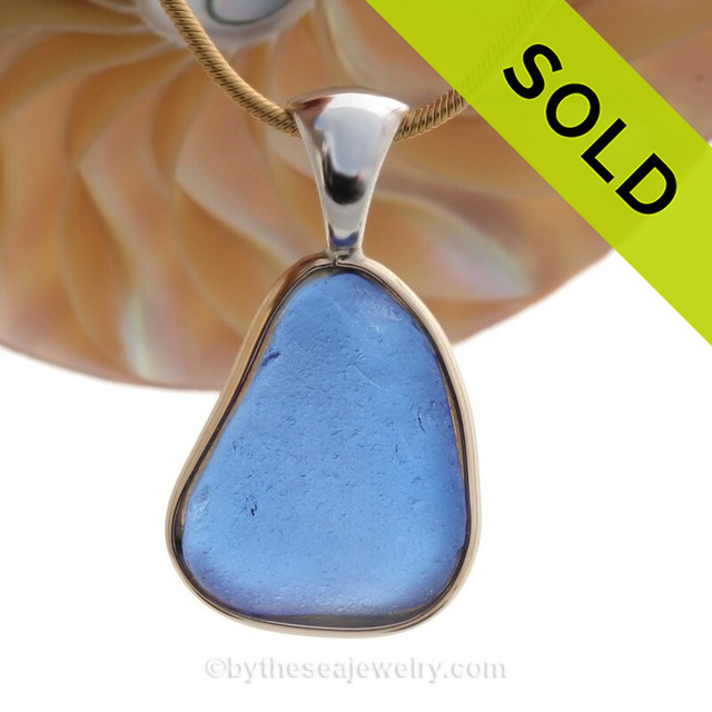 Embossed Aqua Blue Sea Glass In Tiffany Deluxe Wire Bezel© Necklace