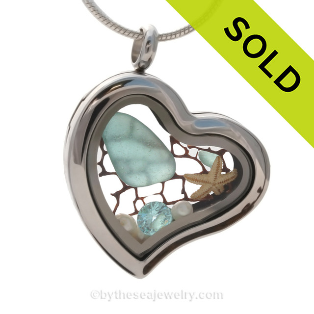 Sea Lovers - Vivid Aqua Beach Found Sea Glass Heart Locket Necklace ...