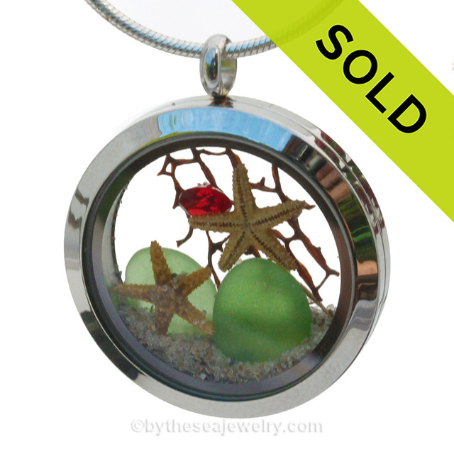 Coastal Christmas- Green Sea Glass With Starfish, Ruby Gems & Real Sand ...