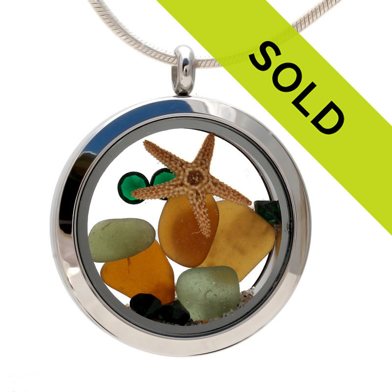 Emerald Sea - Green Sea Glass Locket With Starfish & May Birthstone ...