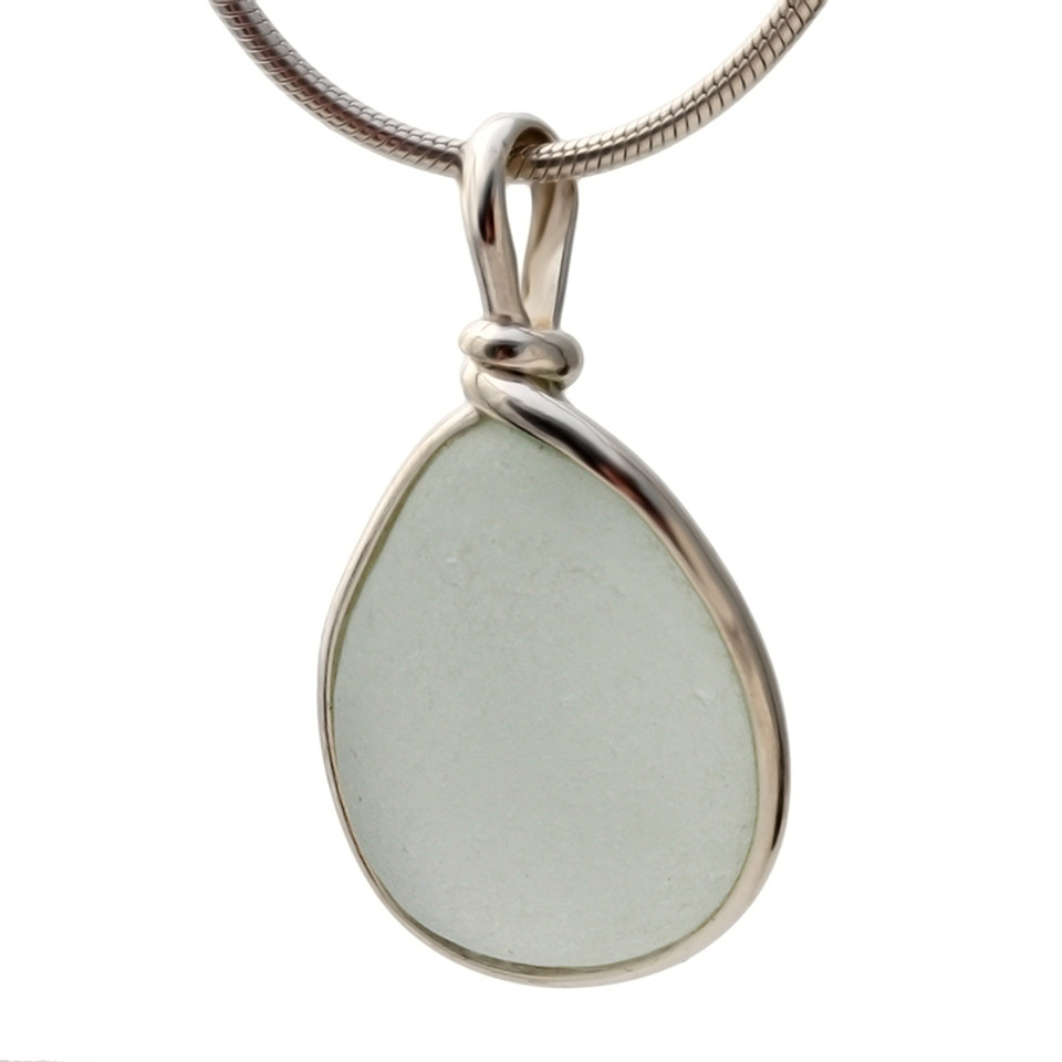 Winter White Sea Glass Pendant In Sterling Silver Original Wire Bezel