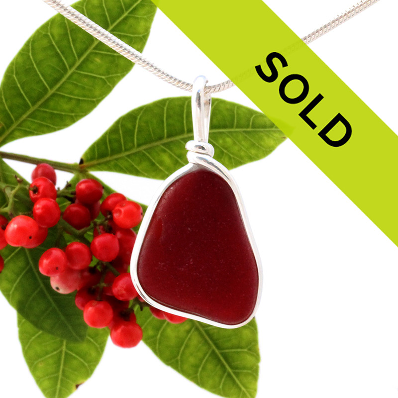 Deep Ruby Red Sea Glass Necklace Pendant In S/S Original Wire Bezel ...