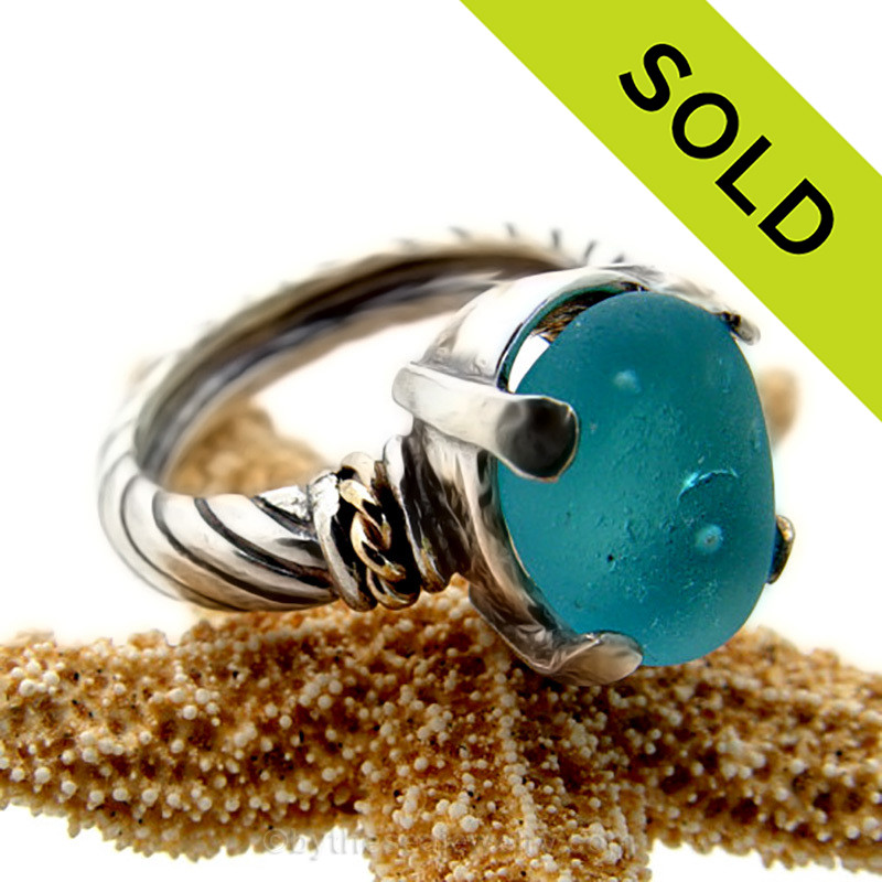 Mixed Blue Sea Glass Ring - Sterling Sea Daisy Ring - 8