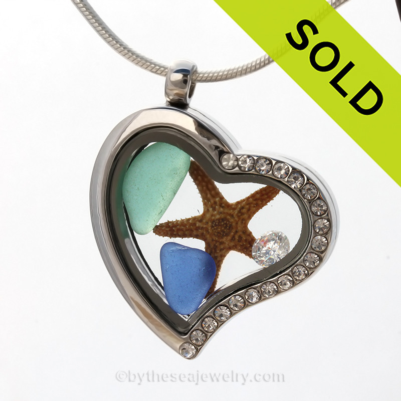 Aqua Love - Aqua Blue Sea Glass Heart Locket Necklace