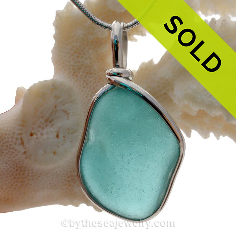 Aqua Blue Genuine Sea Glass Pendant In Sterling Original Wire Bezel