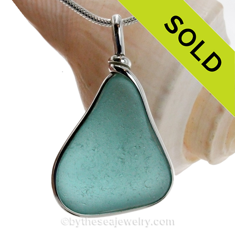 Aqua Blue Genuine Sea Glass Pendant In Sterling Original Wire Bezel