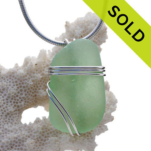 Vivid Yellowy Sea Green Sea Glass In Sterling Triple Setting Pendant