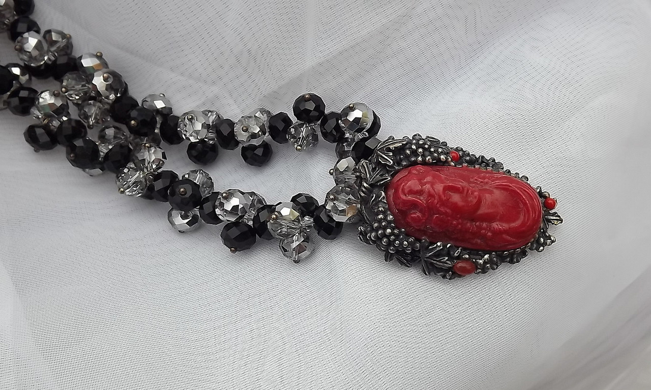 Vintage Red Cameo Pendant With Black Smoky & Silver Crystal Bead ...
