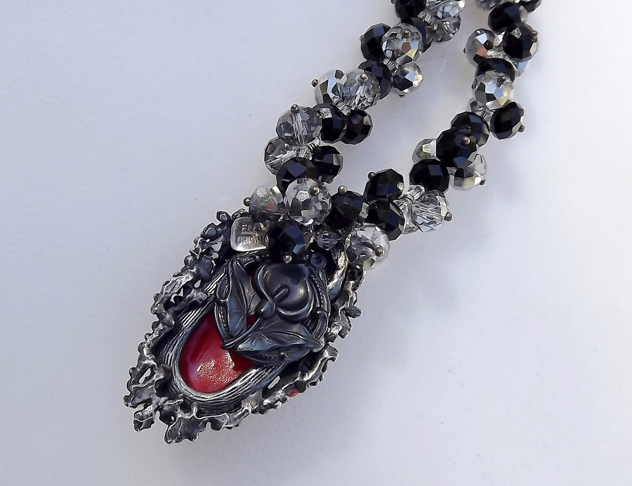 Vintage Red Cameo Pendant With Black Smoky & Silver Crystal Bead ...