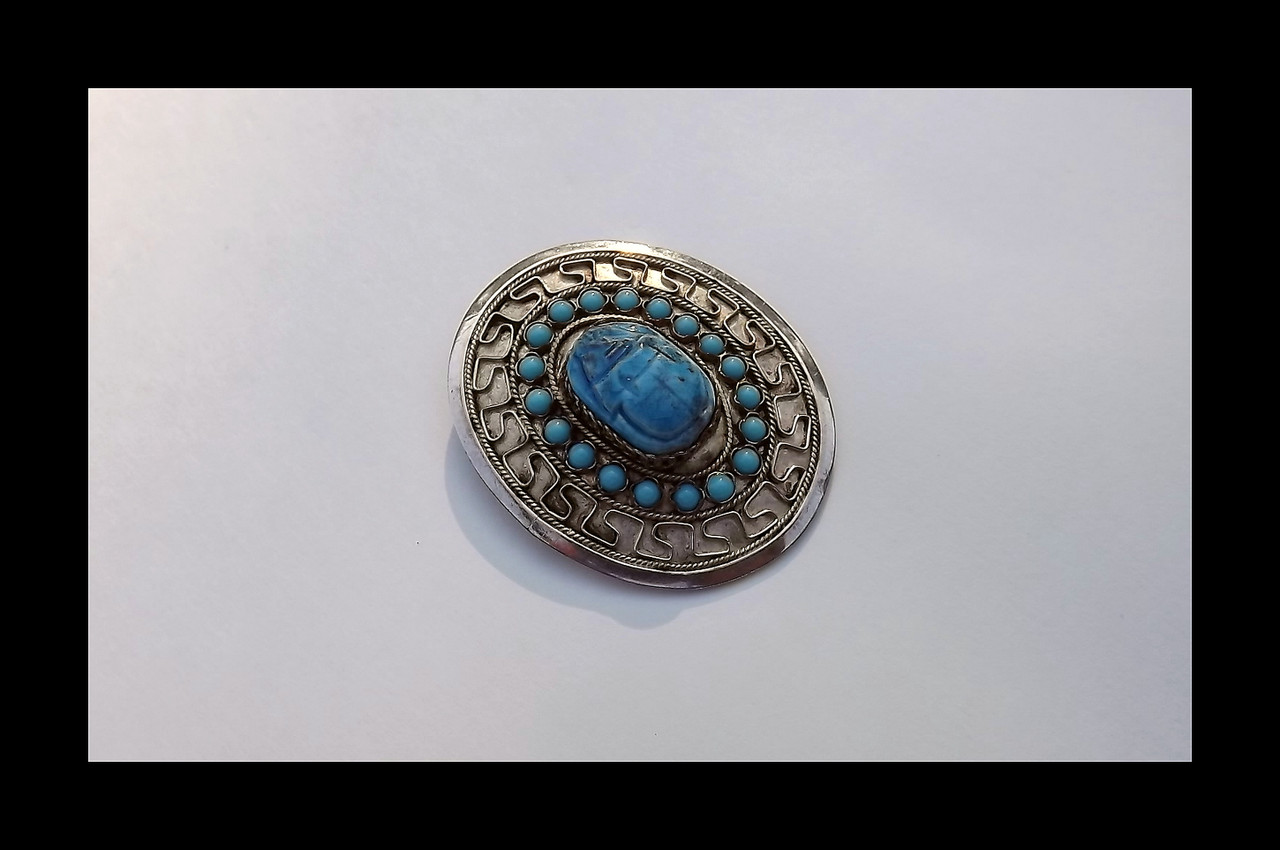 Vintage Sterling Silver Egyptian Turquoise Blue Clay Faience Scarab Pin ...