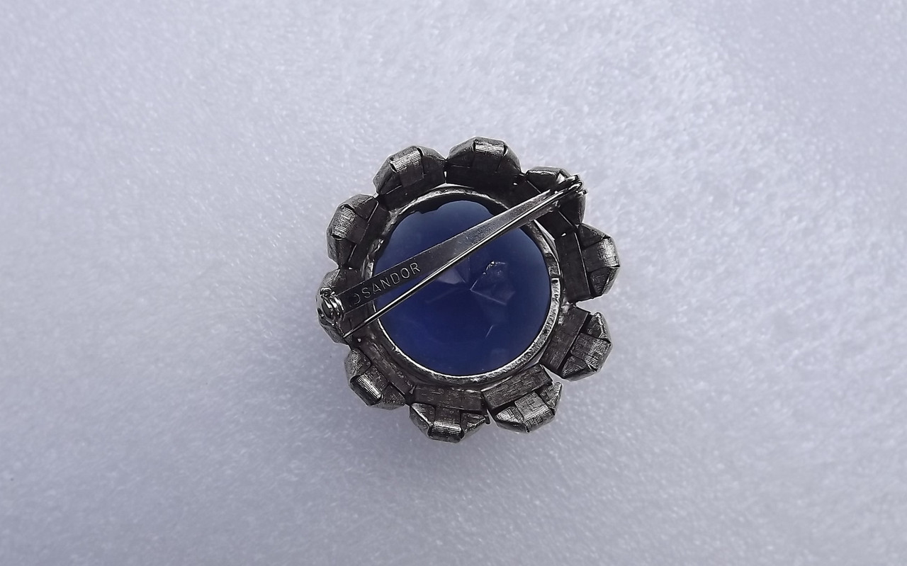 Vintage Sandor Brooch Huge Blue Glass Stone Antique Silver Tone Pin