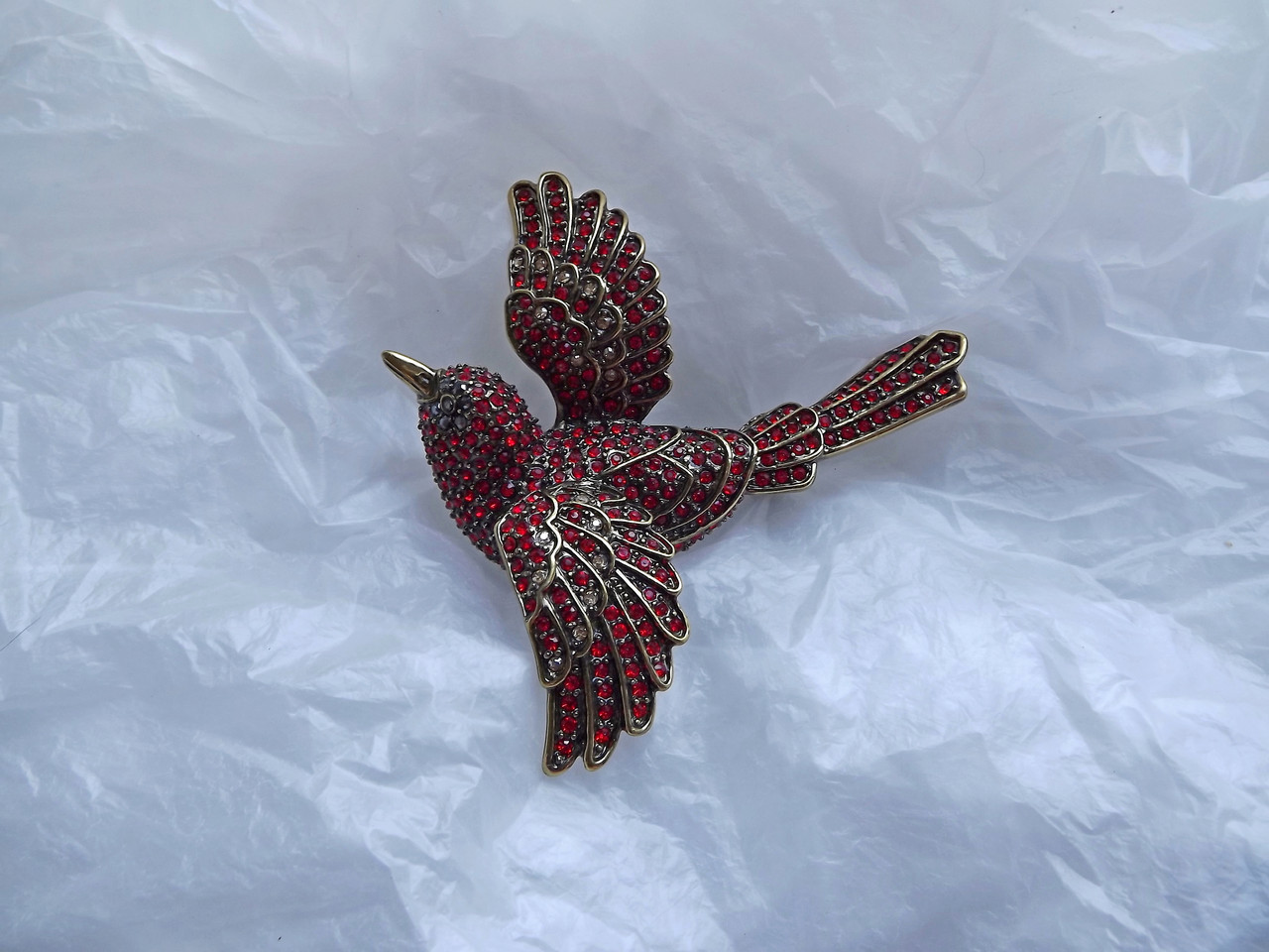 HEIDI DAUS Bird Pin"Sparkling Swallow" Siam Red Rhinestines Big Brooch 3"