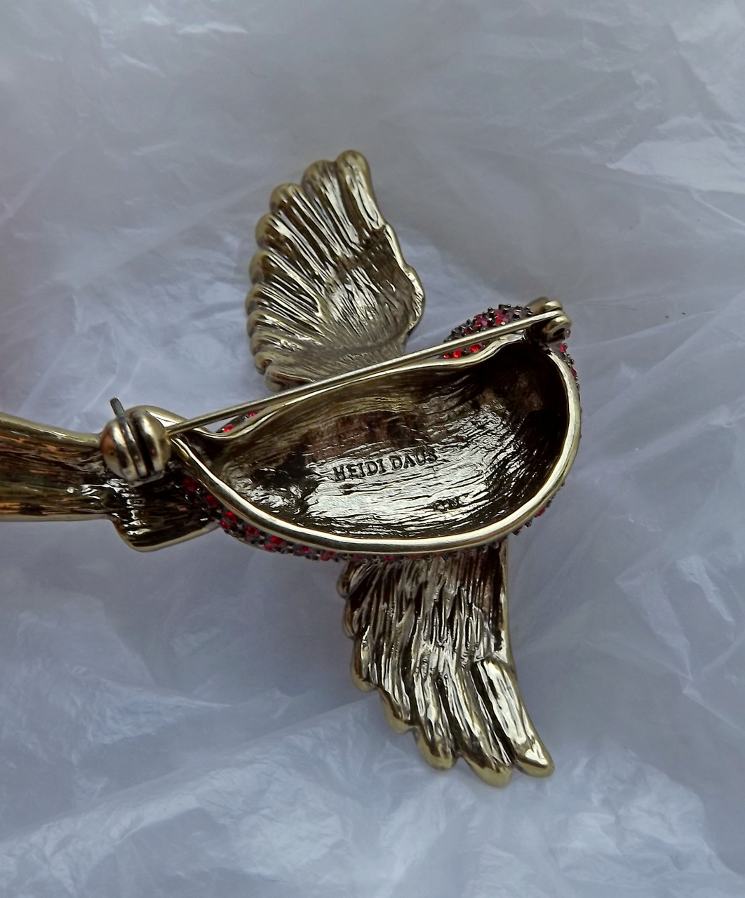 HEIDI DAUS Bird Pin"Sparkling Swallow" Siam Red Rhinestines Big Brooch 3"
