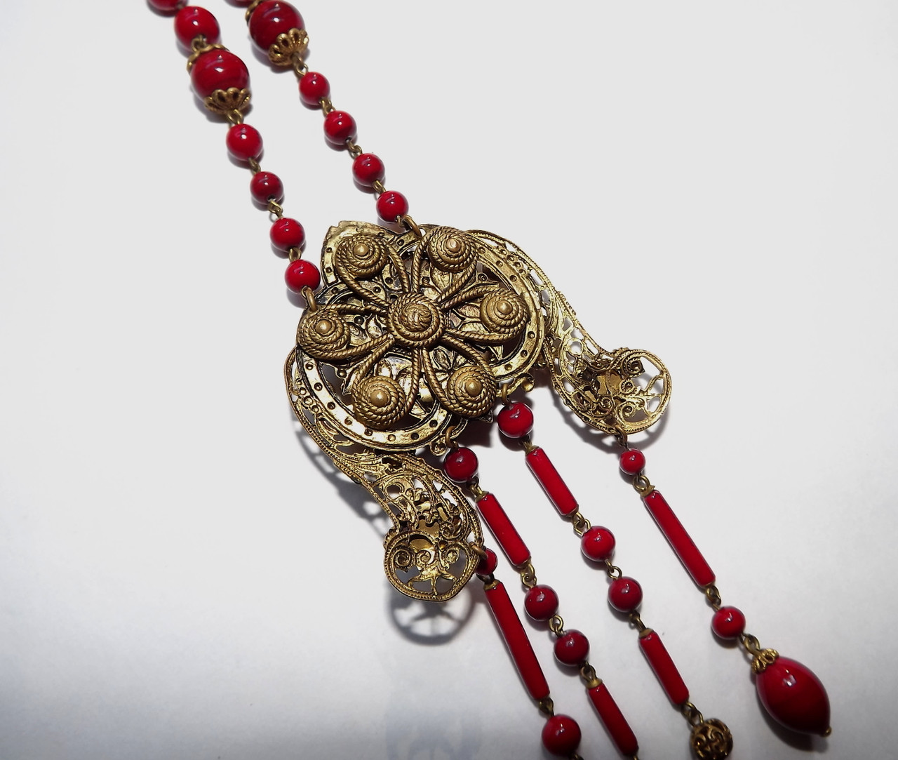 Art Deco Max Neiger Czech Ornate Brass Red Glass Necklace Long Dangles