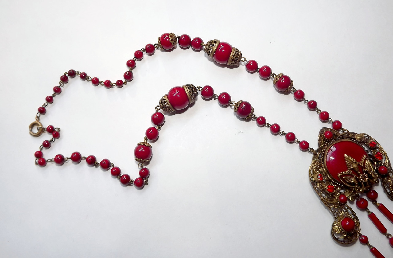 Art Deco Max Neiger Czech Ornate Brass Red Glass Necklace Long Dangles