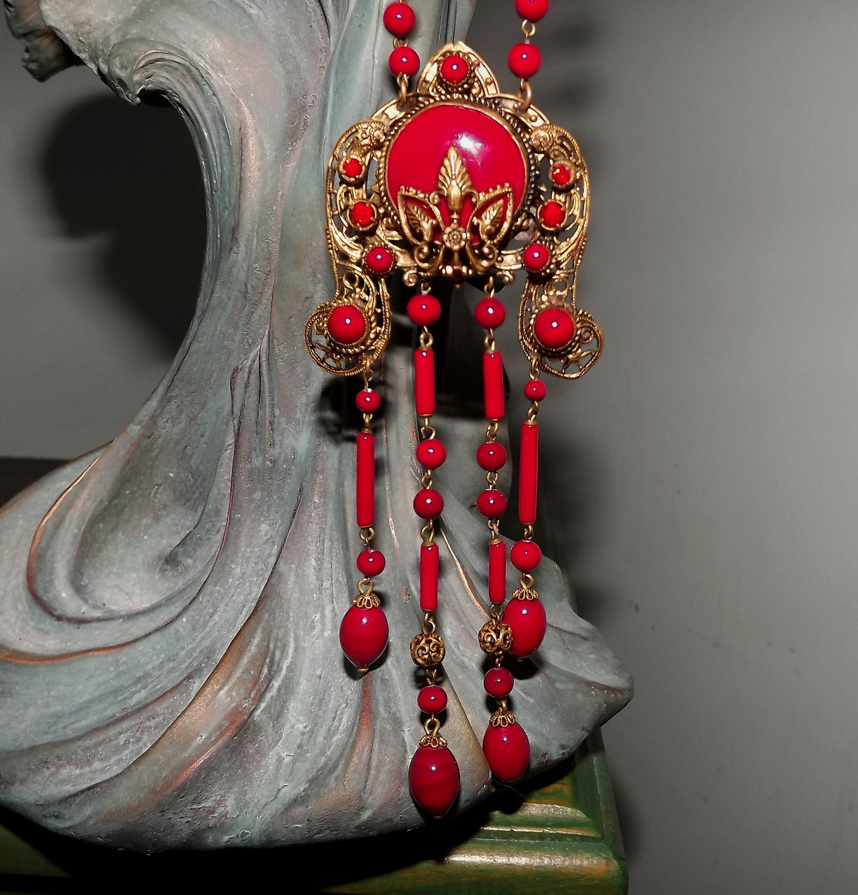 Art Deco Max Neiger Czech Ornate Brass Red Glass Necklace Long Dangles