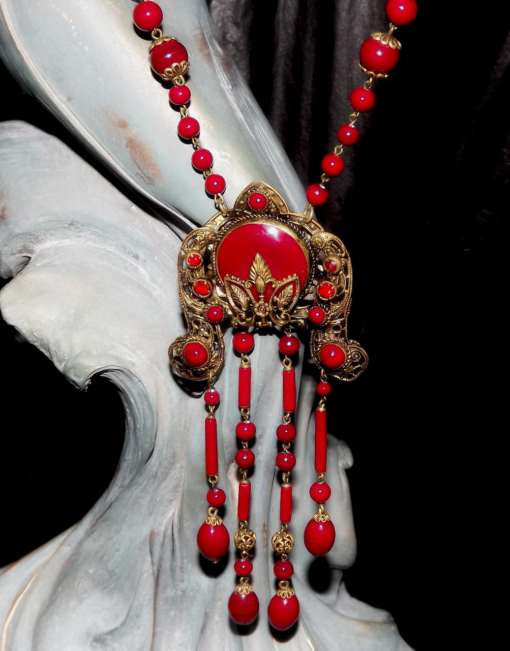 Art Deco Max Neiger Czech Ornate Brass Red Glass Necklace Long Dangles