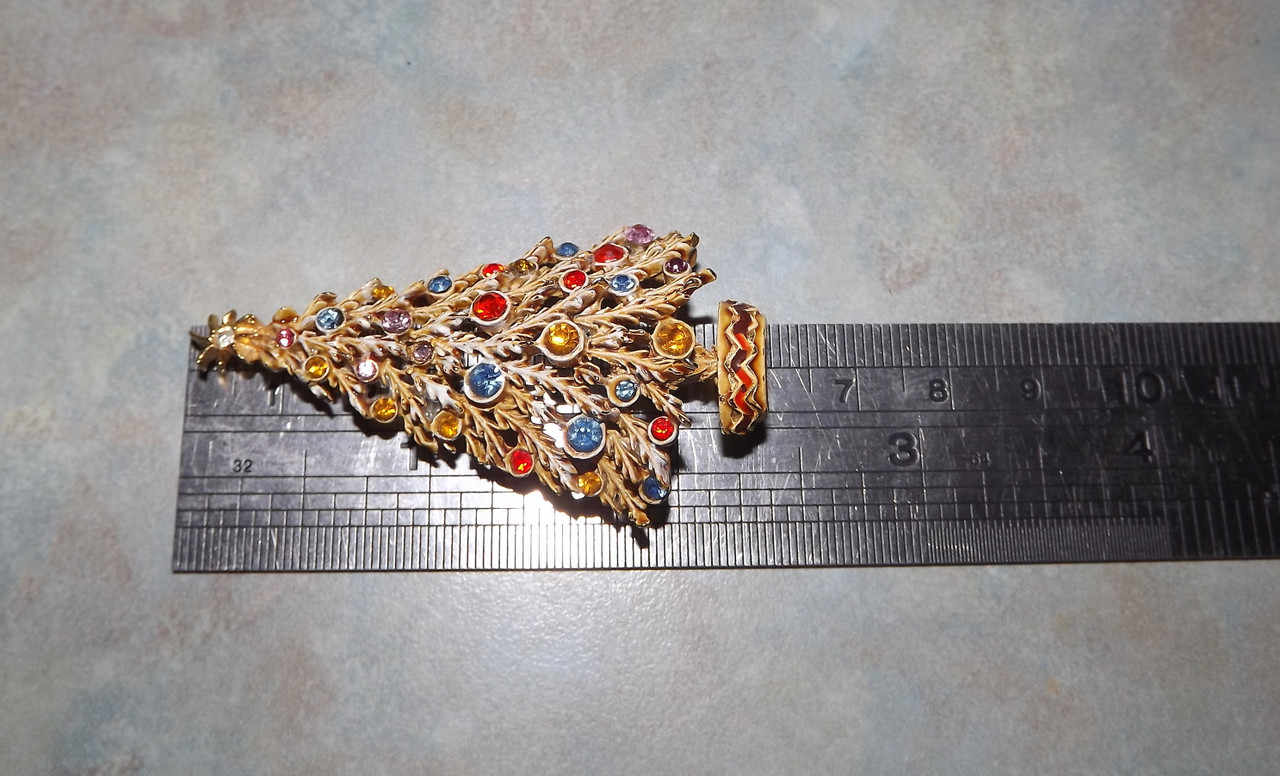 Vintage Signed Art Christmas Tree Pin Enamel Branches Boughs Xmas Brooch