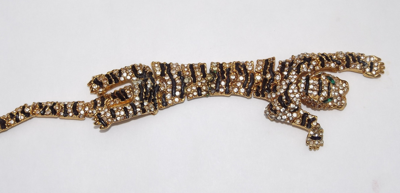 Vintage Articulated Tiger Shoulder Brooch Rhinestone Black Enamel Pin