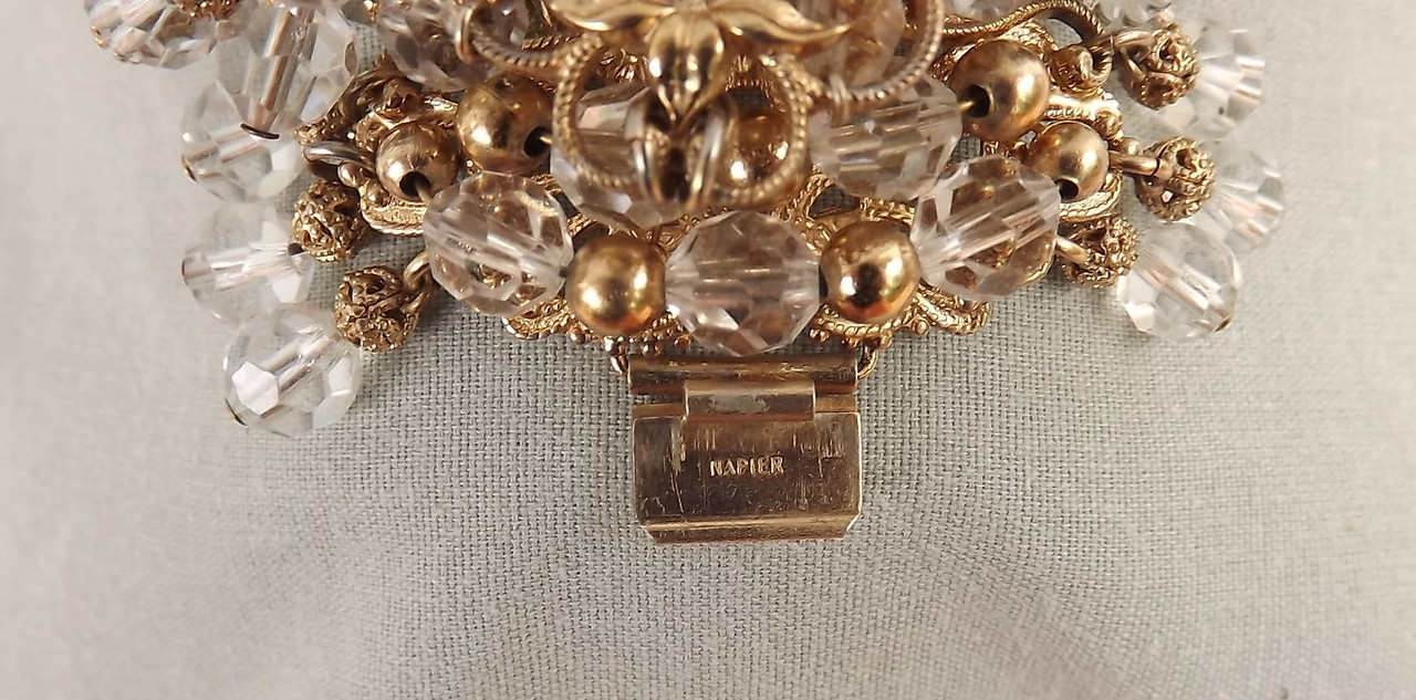 5 Strand NAPIER filigree Brass & Crystal Beads BRACELET~Strung on Chain ...