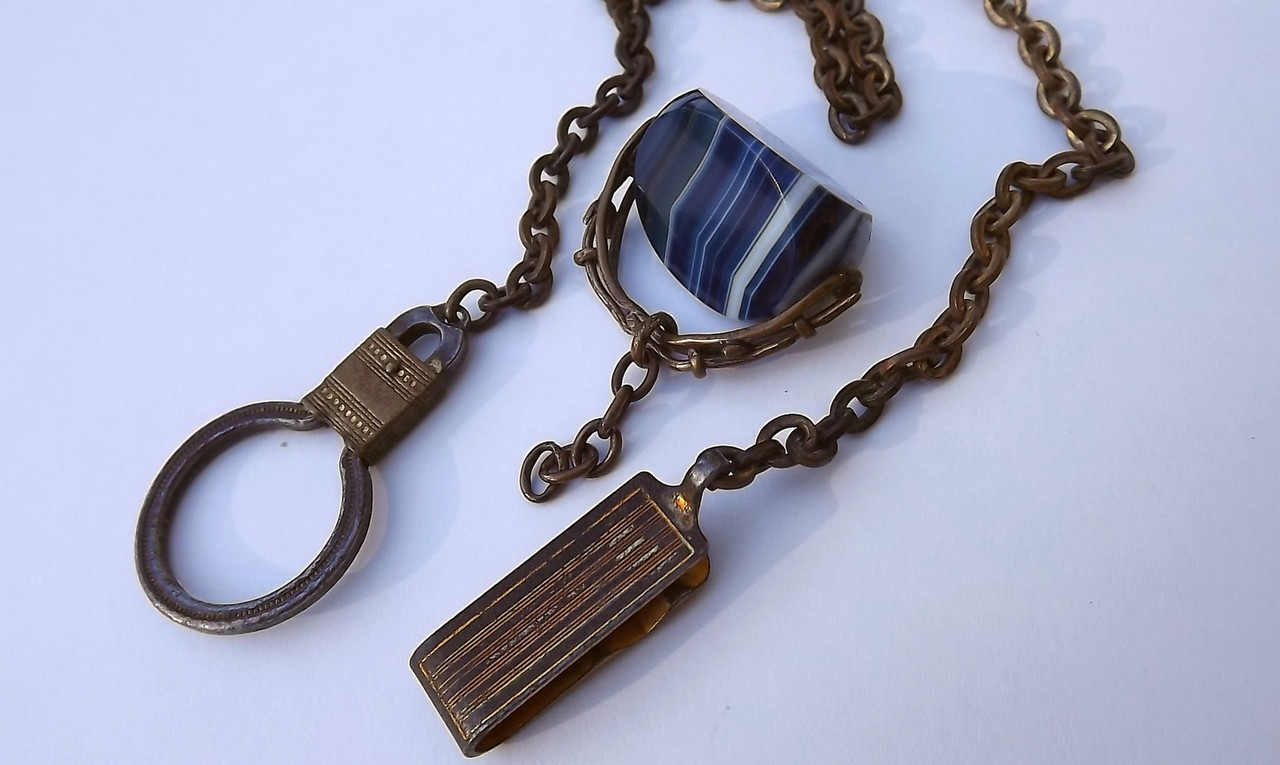 ANTIQUE VICTORIAN Spinner Watch Fob With Stunning Blue Banded Agate Stone