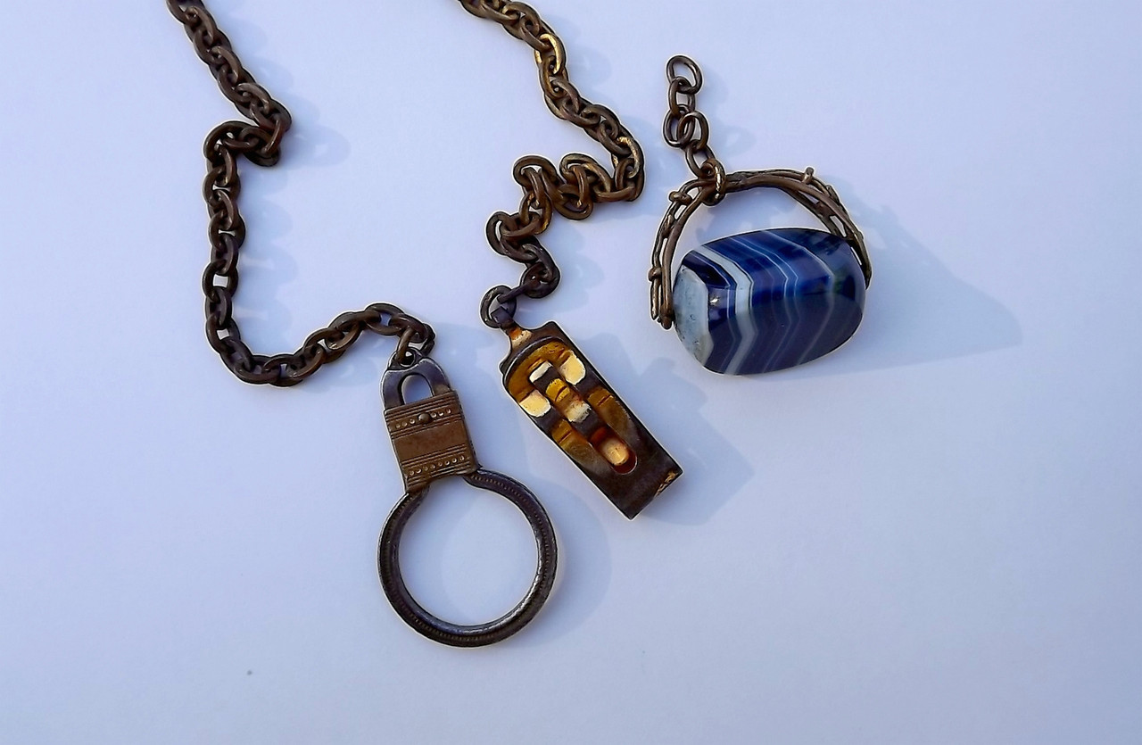ANTIQUE VICTORIAN Spinner Watch Fob With Stunning Blue Banded Agate Stone
