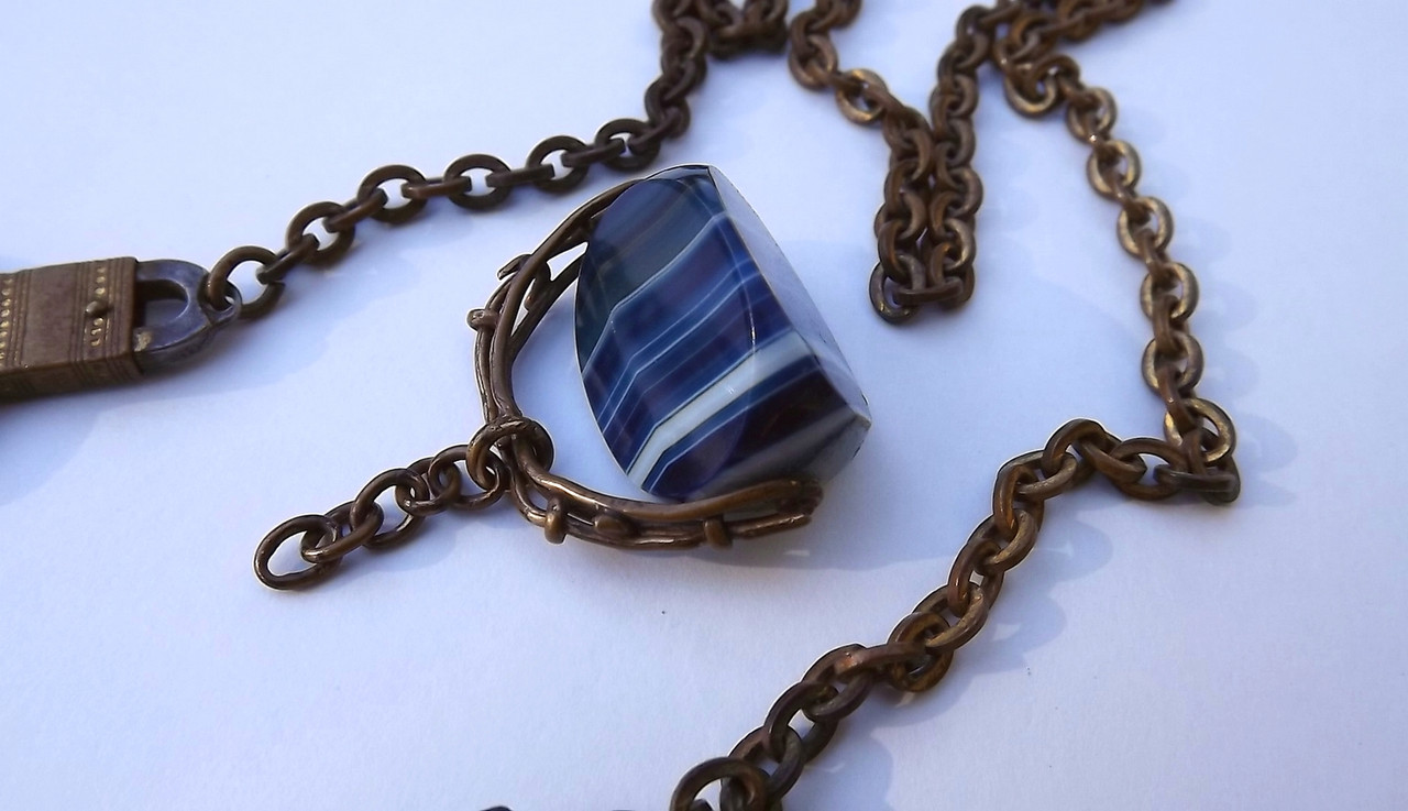 ANTIQUE VICTORIAN Spinner Watch Fob With Stunning Blue Banded Agate Stone
