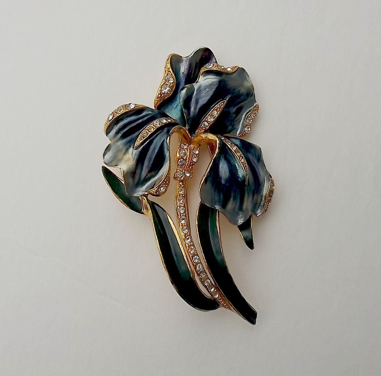 HUGE VINTAGE Unsigned CORO RHINESTONE ENAMEL IRIS PIN SHADES of BLUE 3. ...