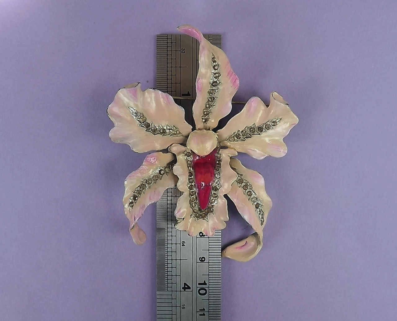 Huge Art Deco Enameled ORCHID IRIS Pin~Rhinestones~Blush Pink Enamel ...