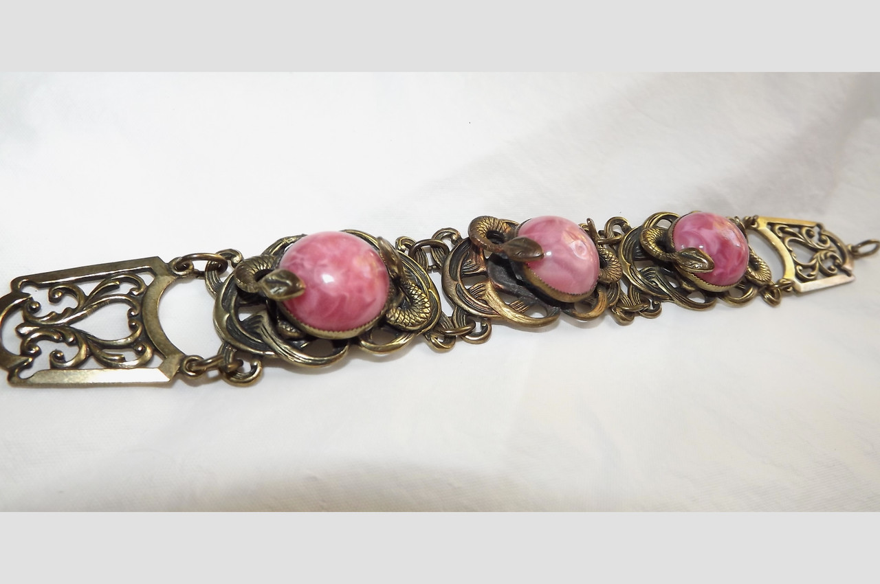 Max Neiger Czech Pink Opal Glass Snake Bracelet Serpents Art Nouveau