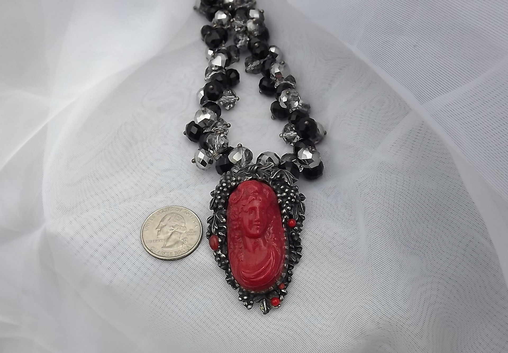 Vintage Red Cameo Pendant With Black Smoky & Silver Crystal Bead ...