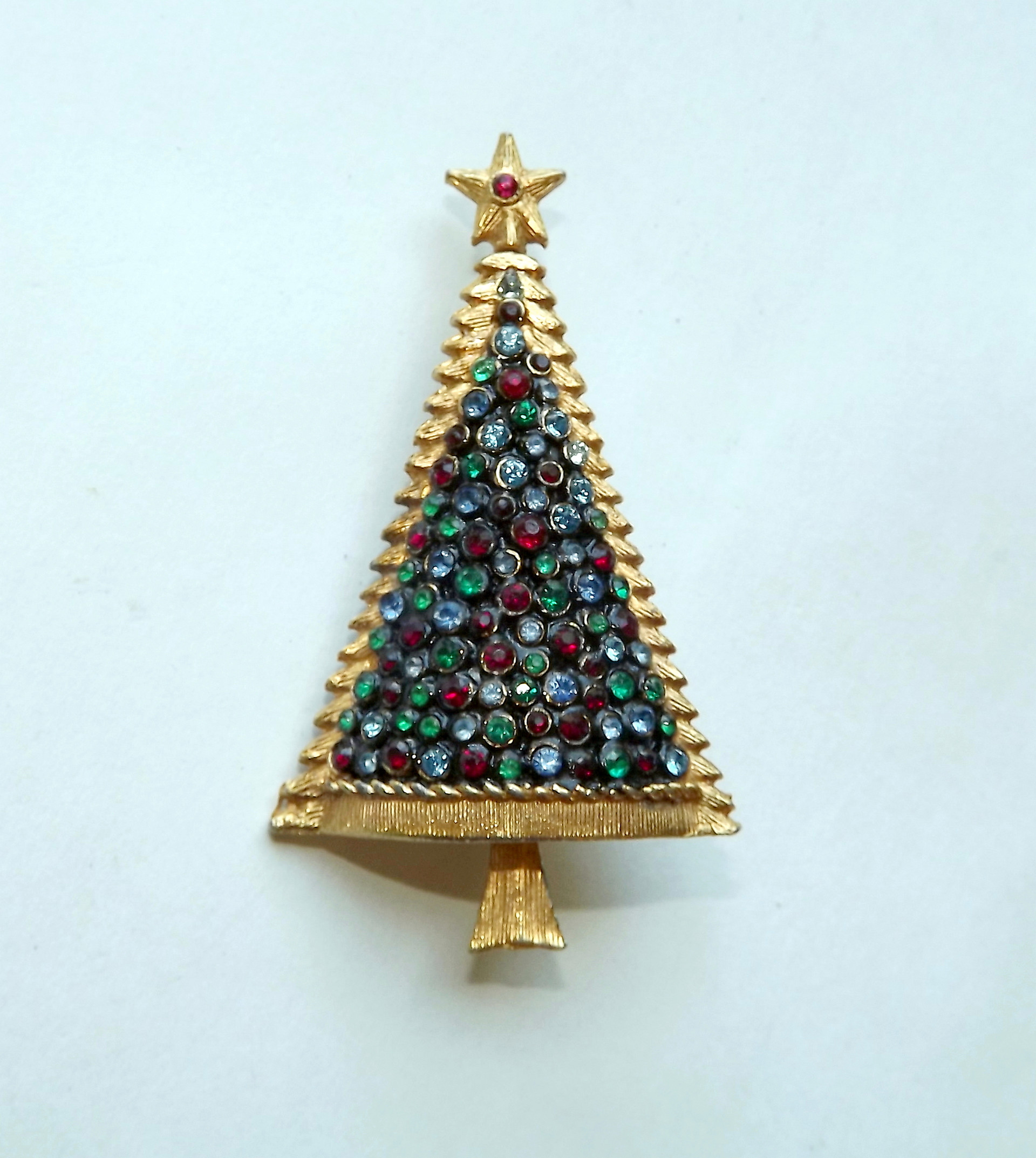 RHINESTONE CHRISTMAS TREE BROOCH XMAS PIN ENAMELED FLOWER - Old Costume ...