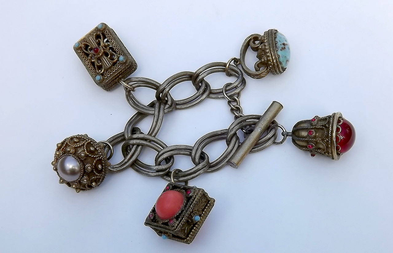 Victorian Revival Fob Charm Bracelet Heavily Embossed Fobs Deco Era ...