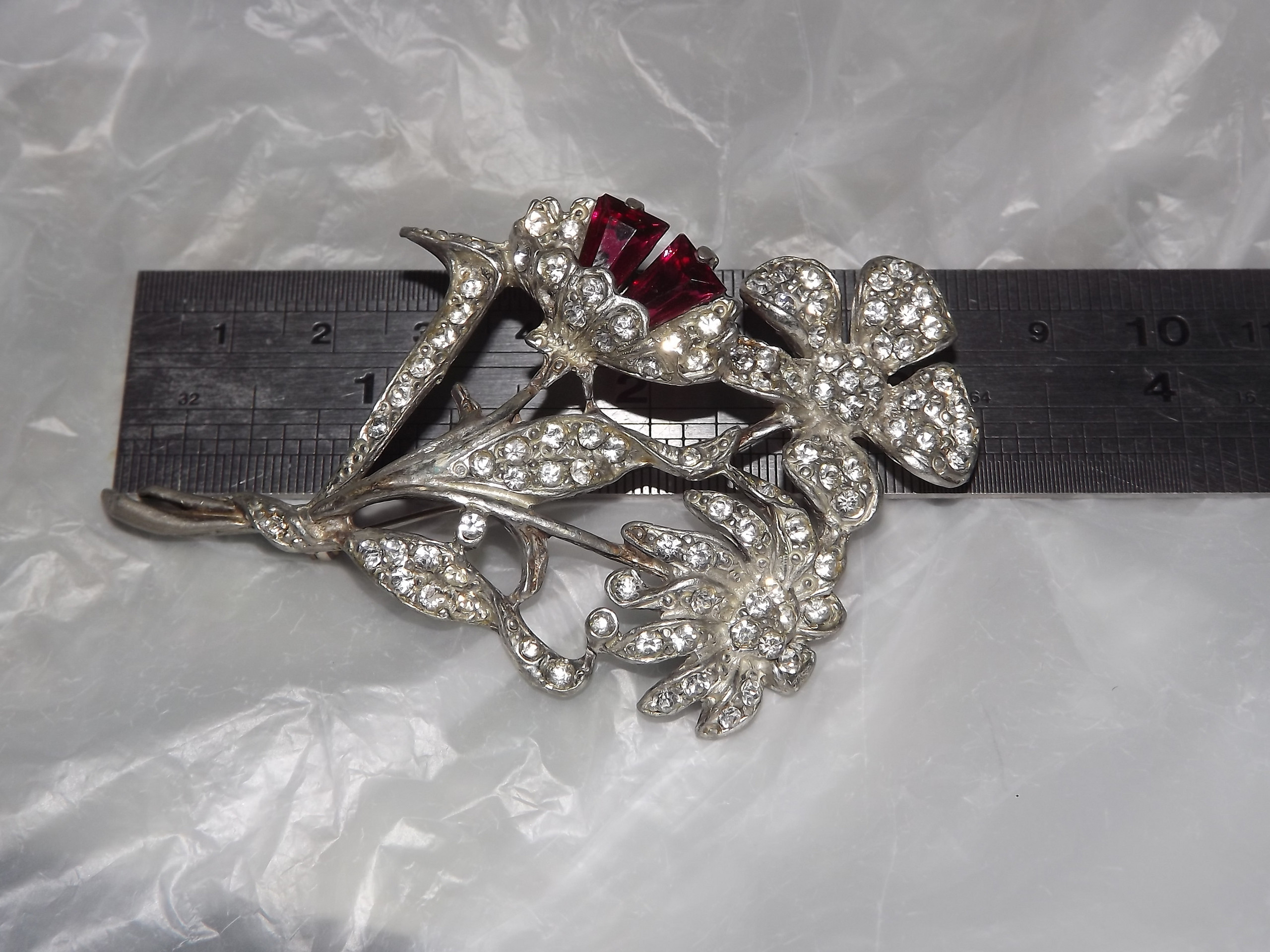 Art Deco Flower Spray Pin, Ruby Glass, Paste Stones, Pave Rhinestones ...