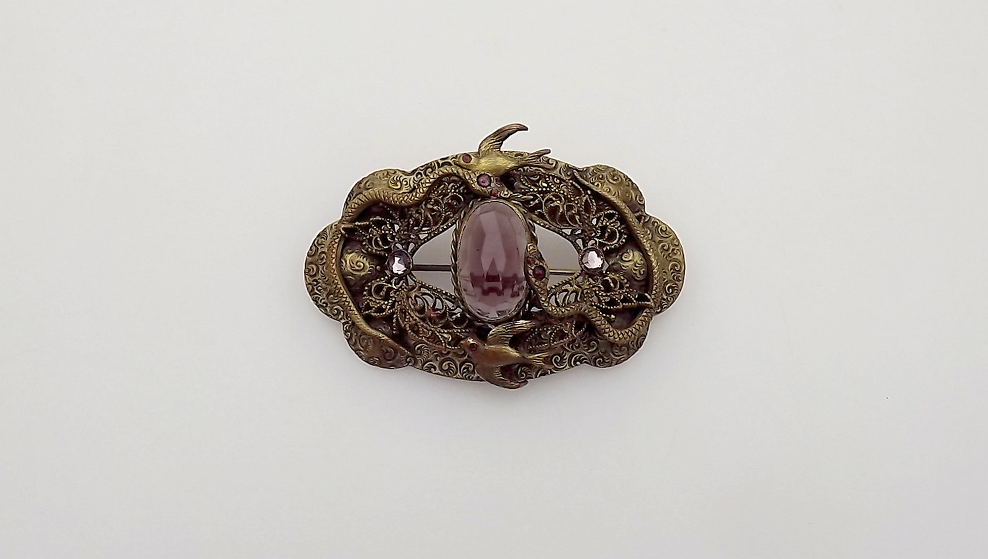 Antique Snake Blue Bird Butterfly Brass Bronze Glass Amethyst Rubies ...