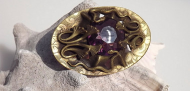 Art Nouveau Snakes Lotus Sash Pin Huge Amethyst Purple Faceted Glass ...