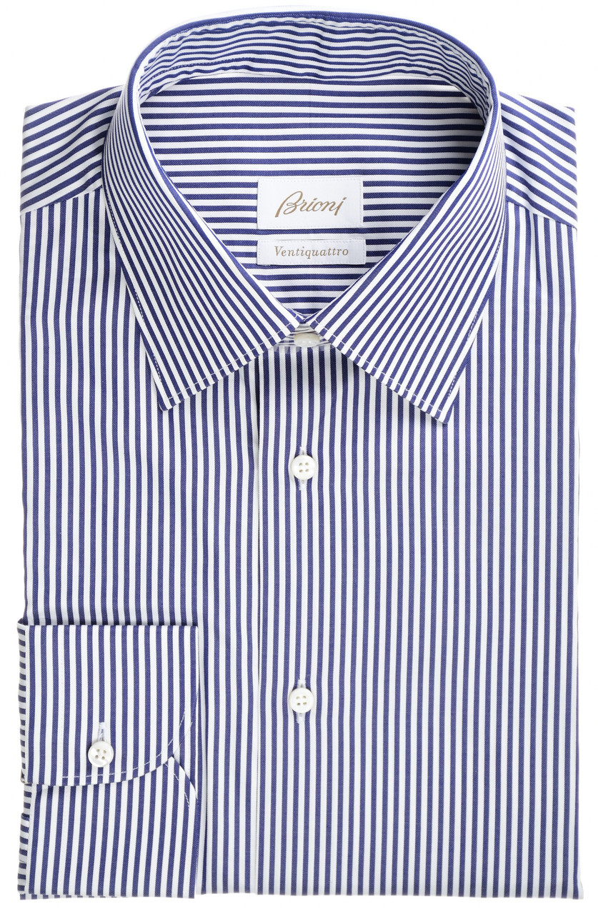 Brioni Shirt Ventiquattro Brunico Size 16 Blue Stripe 03SH0826