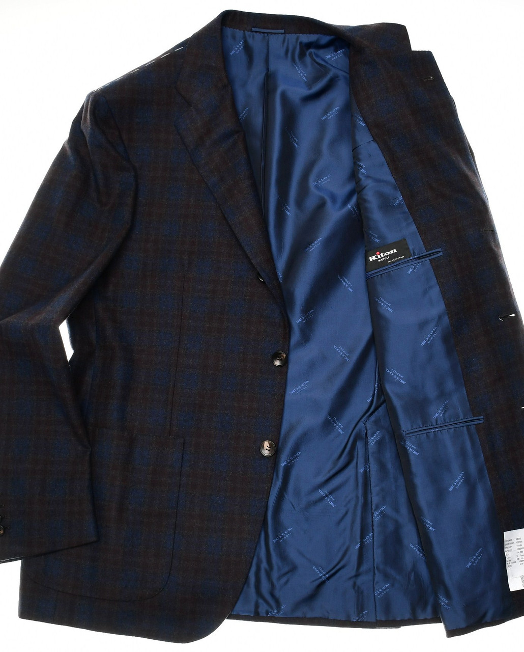 Kiton Sport Coat Jacket Wool Cashmere Blue Brown Plaid