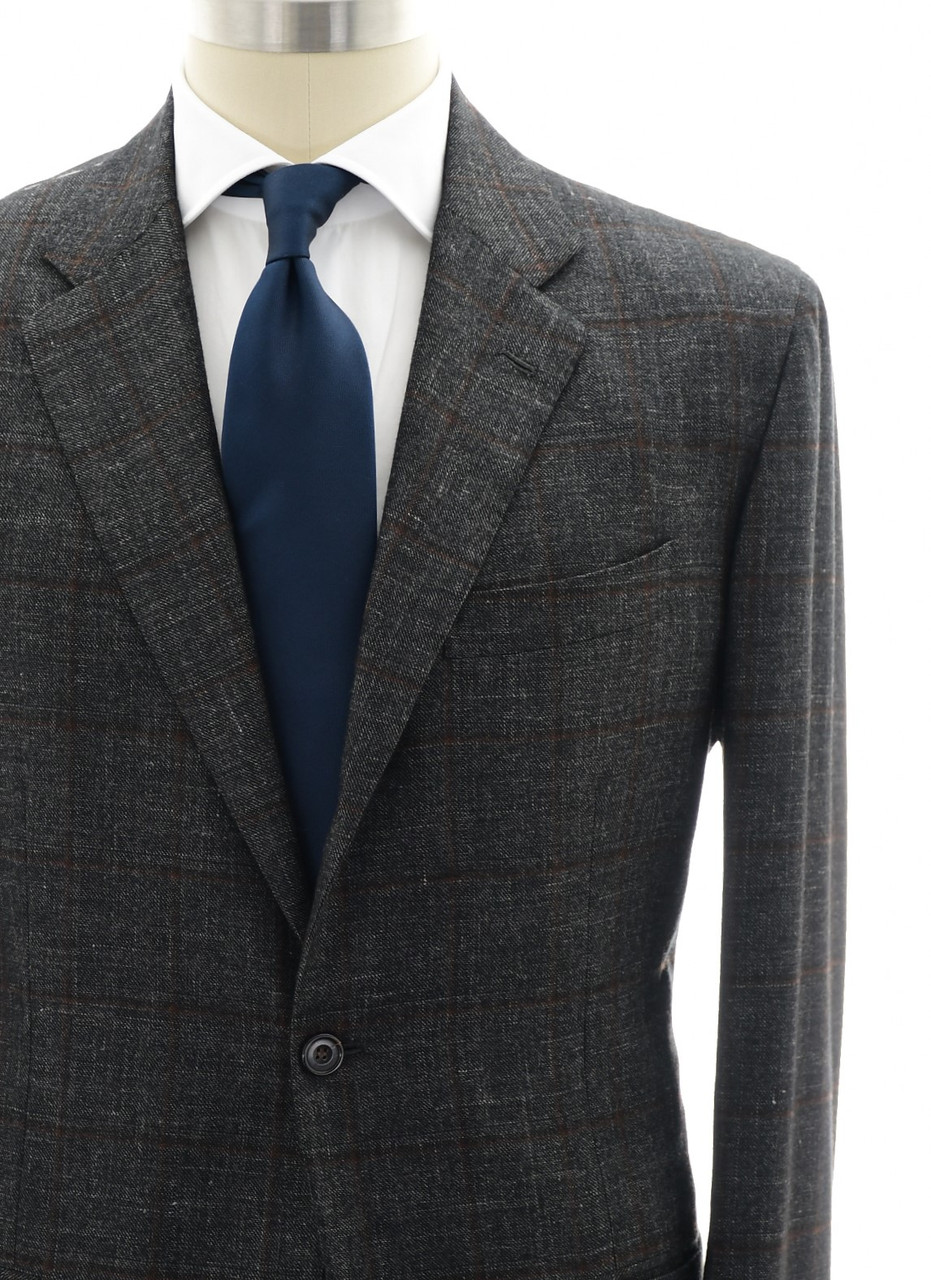 Kiton Suit Cashmere Silk Linen Gray Brown Windowpane